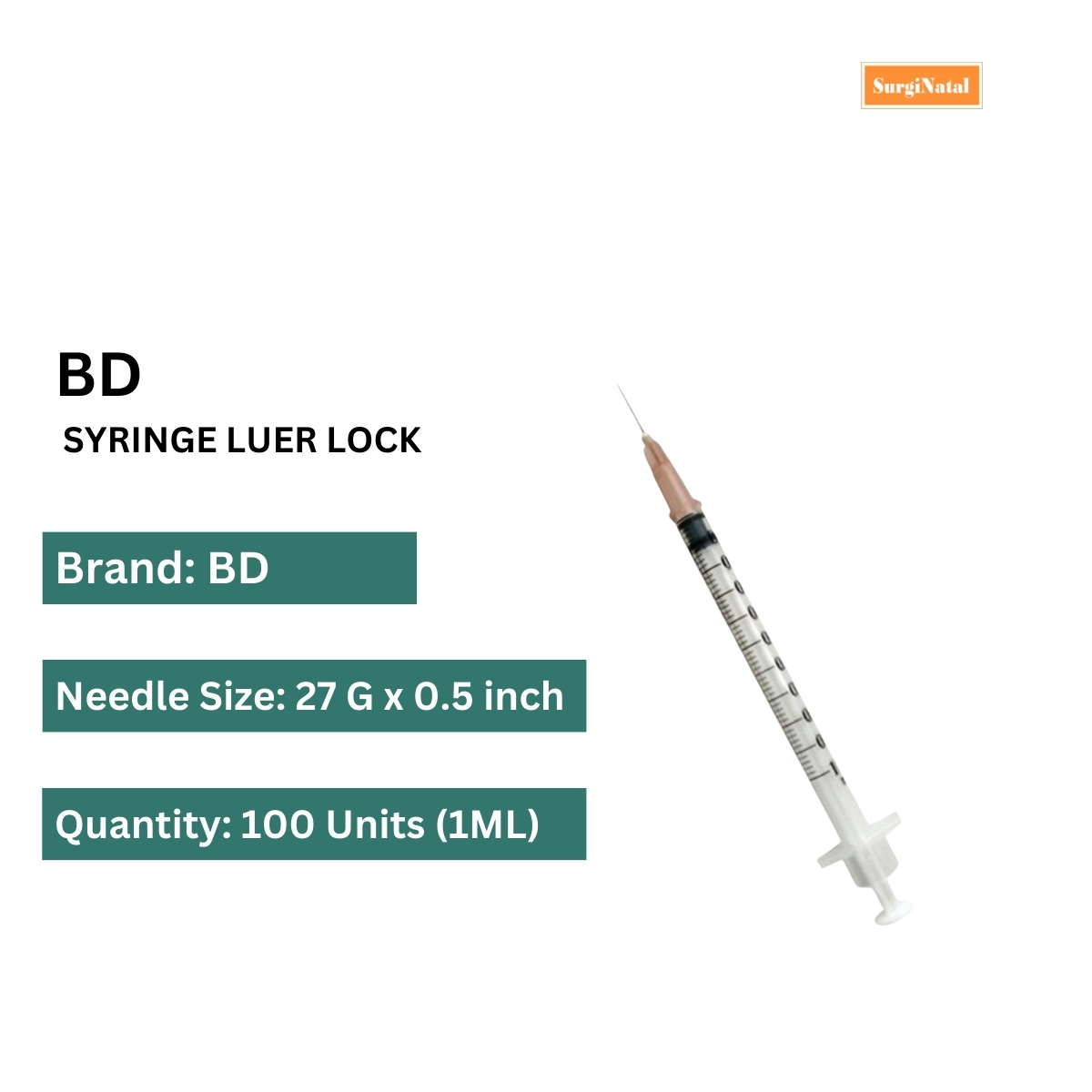 BD 1ml Syringe with 27G Needle - 100 Units Pack | SurgiNatal